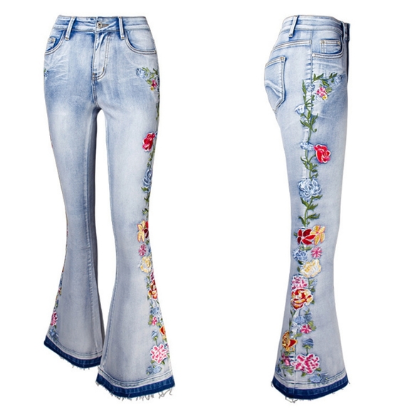 Jeans | Boho Floral Embroidery Flare Wide Leg Bottom Jeans | Poshmark